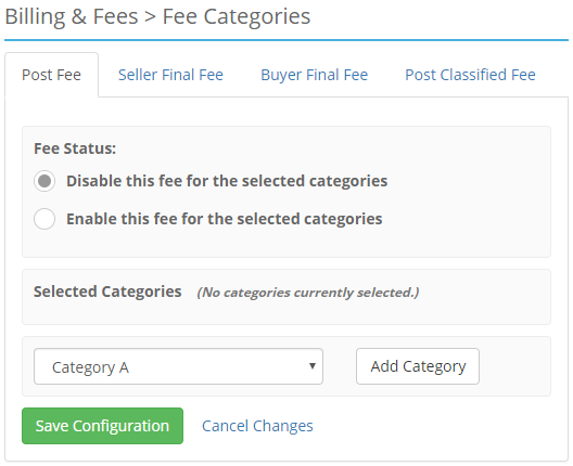 Admin Control Panel > Billing and Fees > Fee Categories
