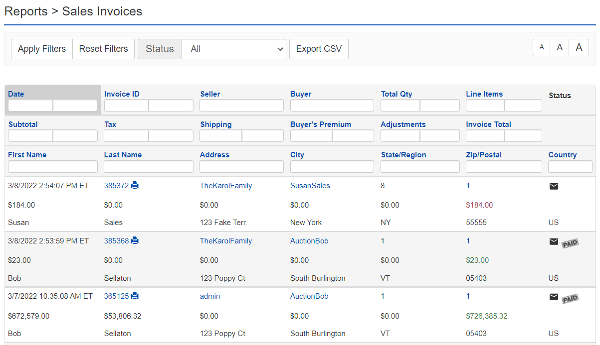 Admin Control Panel > Reports > Sales Invoices