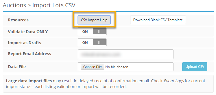Admin Control Panel > Auctions > Imprort CSV