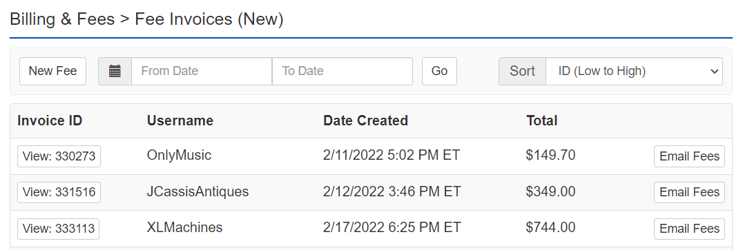 Admin Control Panel > Billing and Fees > Fee Invoices (New)