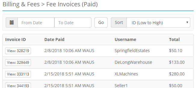 Admin Control Panel > Billing and Fees > Fee Invoices Paid