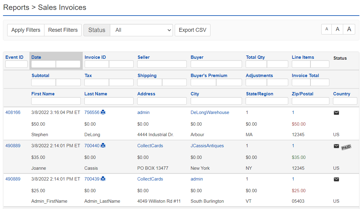 Admin Control Panel > Reports > Sales Invoices